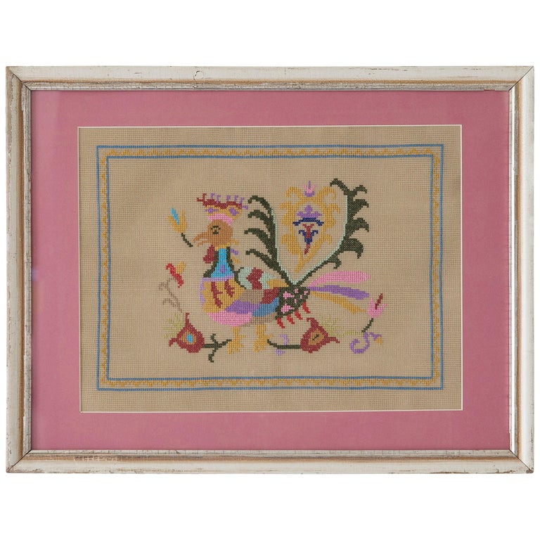 Vintage Wall Embroidery in Antique Frame at 1stDibs