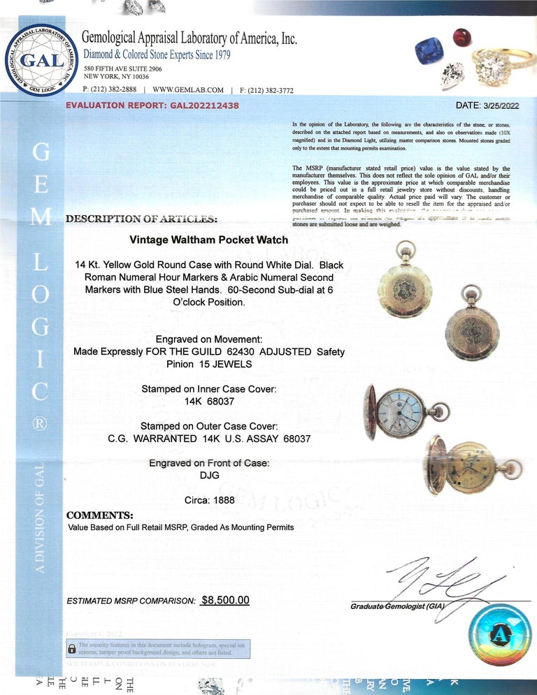 Vintage Waltham 14 Karat Yellow Gold Pocket Watch Circa 1888 Floral Engraving For Sale at 1stDibs