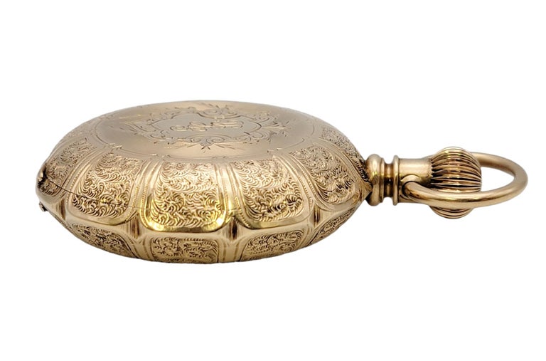 Vintage Waltham 14 Karat Yellow Gold Pocket Watch Circa 1888 Floral Engraving For Sale at 1stDibs
