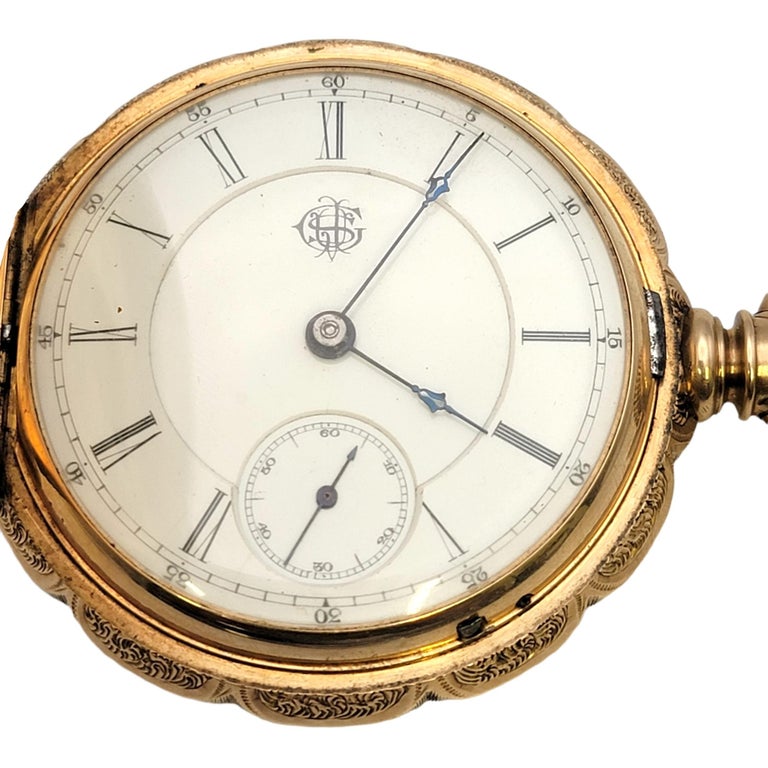 Vintage Waltham 14 Karat Yellow Gold Pocket Watch Circa 1888 Floral Engraving For Sale at 1stDibs