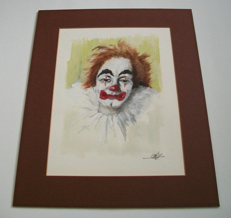 Vintage Watercolor Clown Portrait on Paper, Signed, Unframed, 20th ...