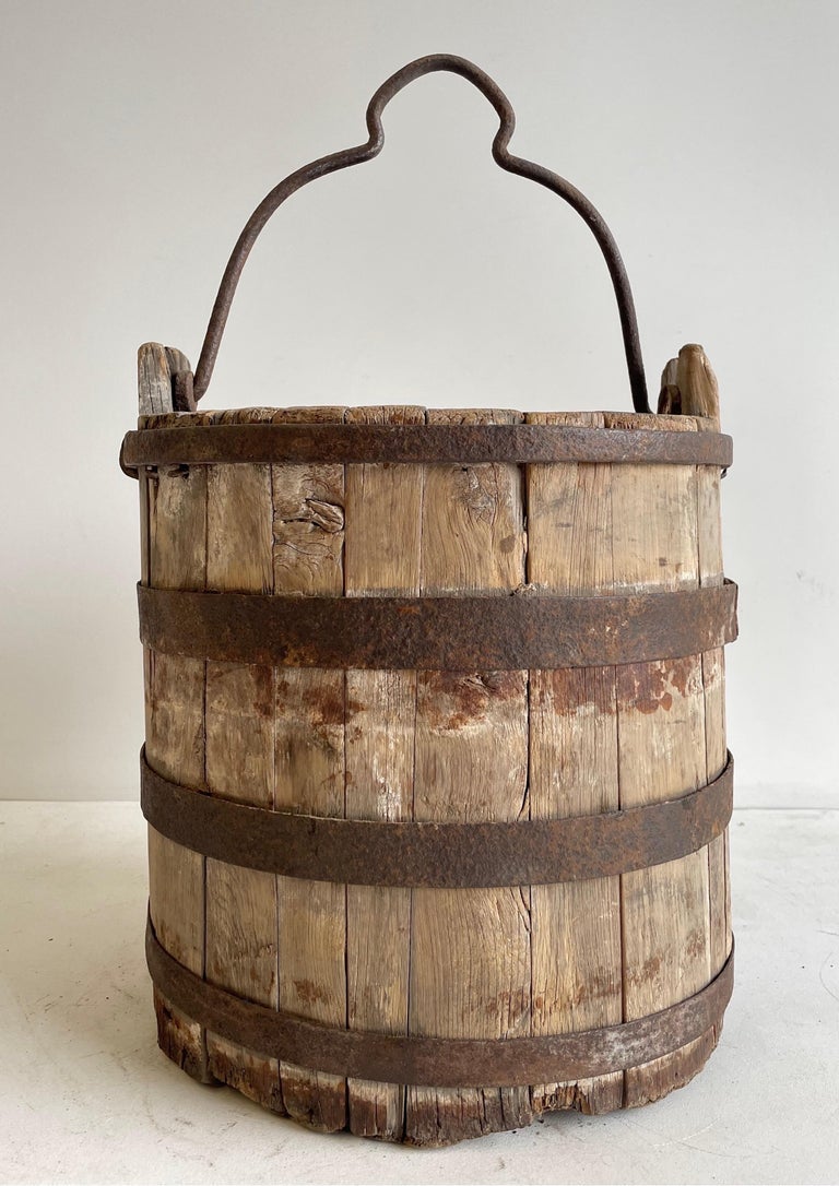 Vintage Weathered Cypress Wood Garden Buckets with Handle For Sale at ...