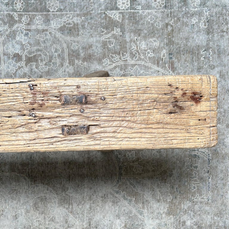 Vintage Weathered Patina Elm Wood Skinny Bench For Sale at 1stDibs