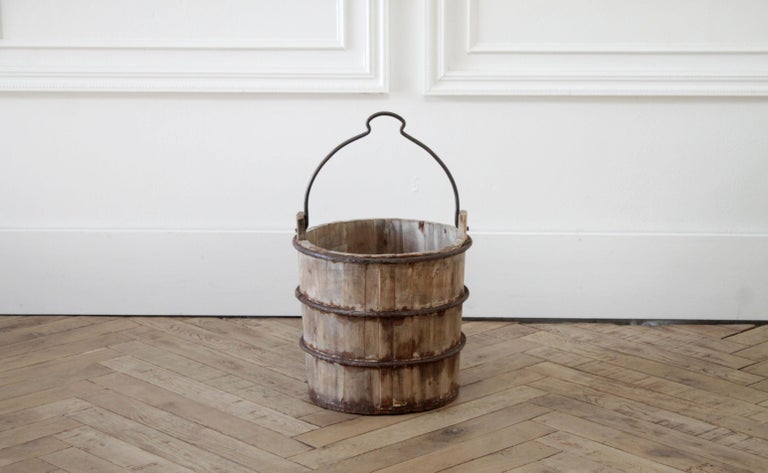 Vintage Weathered Wood Bucket with Metal Handle at 1stDibs