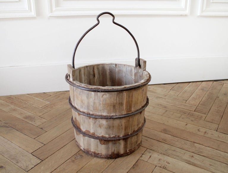 Vintage Weathered Wood Bucket with Metal Handle at 1stDibs