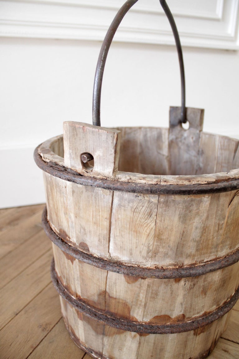 Vintage Weathered Wood Bucket with Metal Handle at 1stDibs