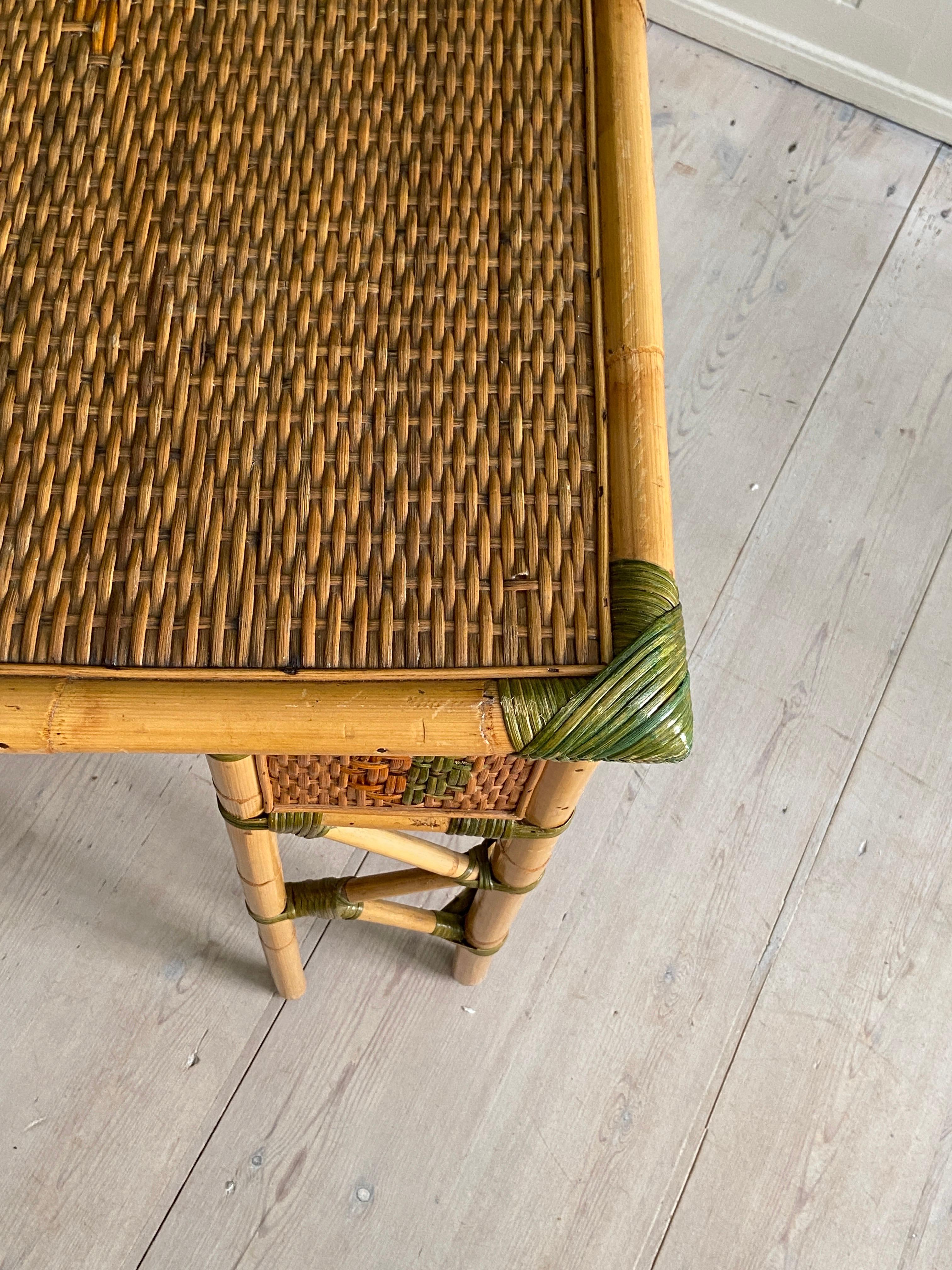 Vintage Woven Bamboo Table with Brass Details, France, Early 20th ...