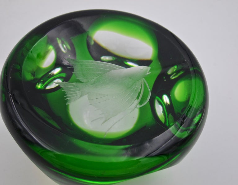 Vintage Webb Corbett Green Crystal Paperweight with an Engraved Fish at ...