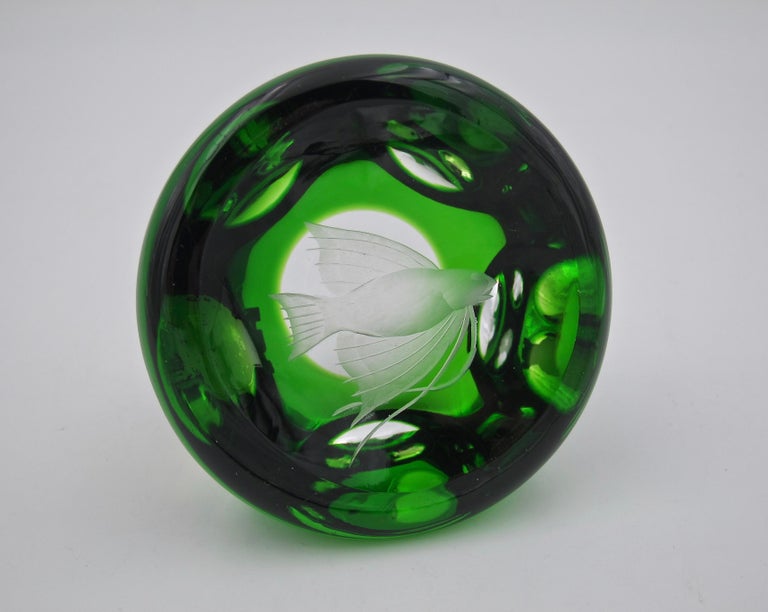 Vintage Webb Corbett Green Crystal Paperweight with an Engraved Fish at ...