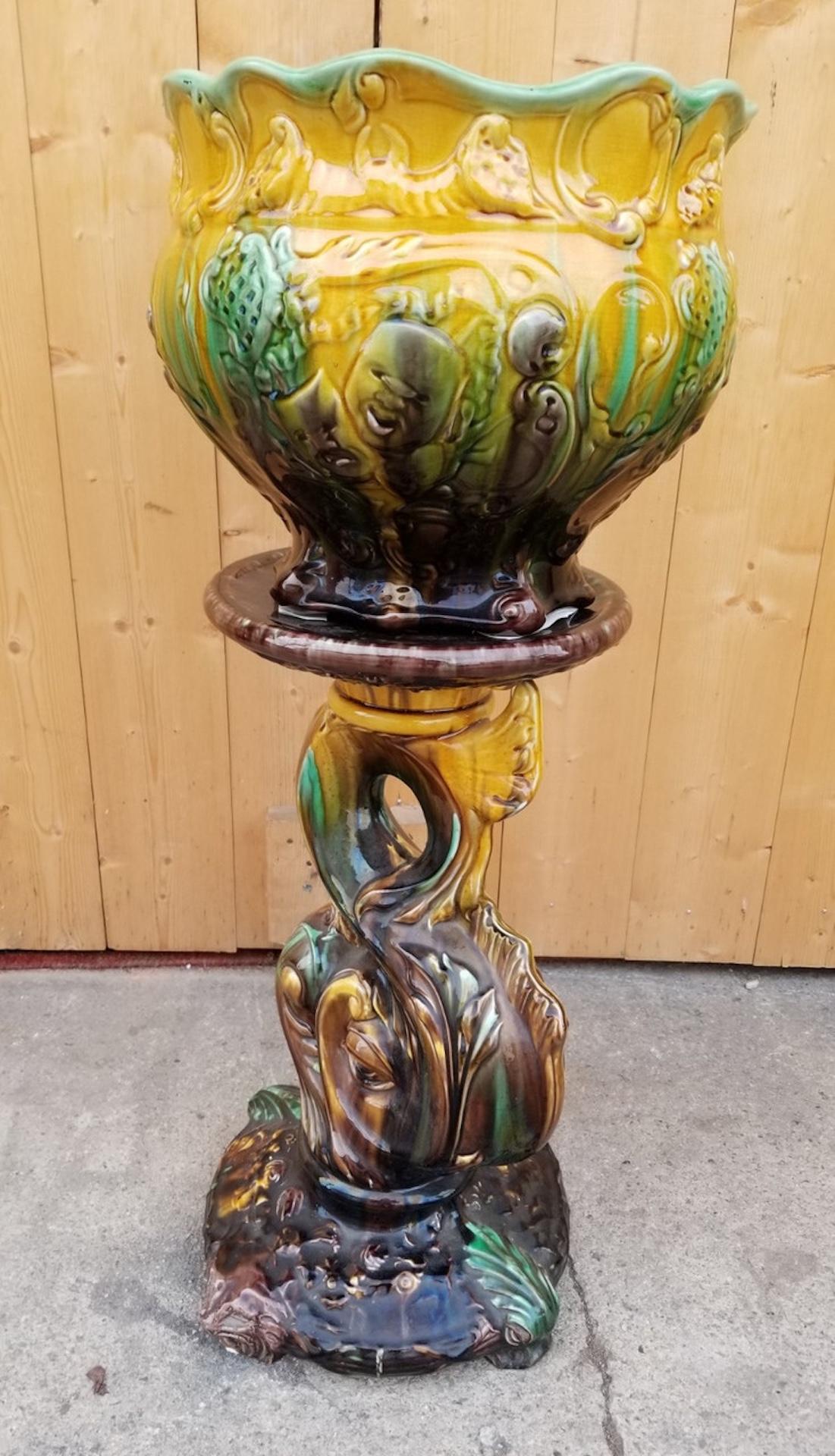 Vintage Weller Majolica Pottery Jardiniere Pedestal Set For Sale at 1stDibs