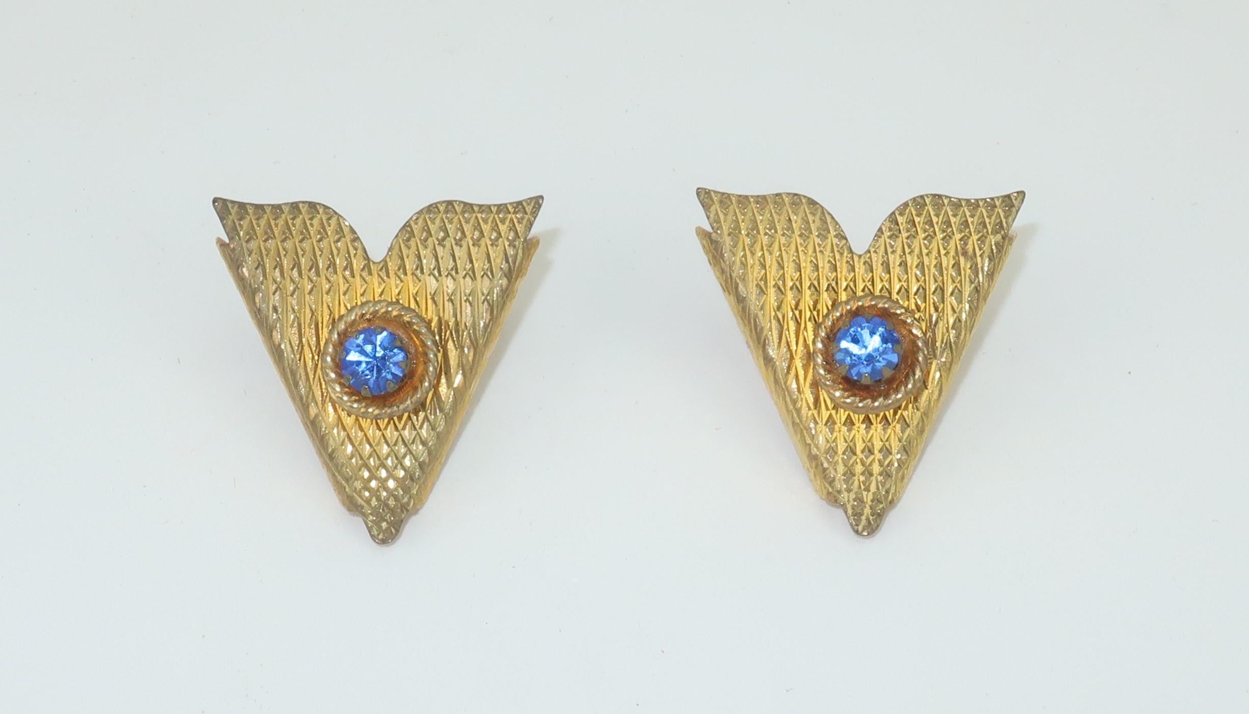 Vintage Western Wear Gold Tone Collar Point Tips With Blue Rhinestones ...