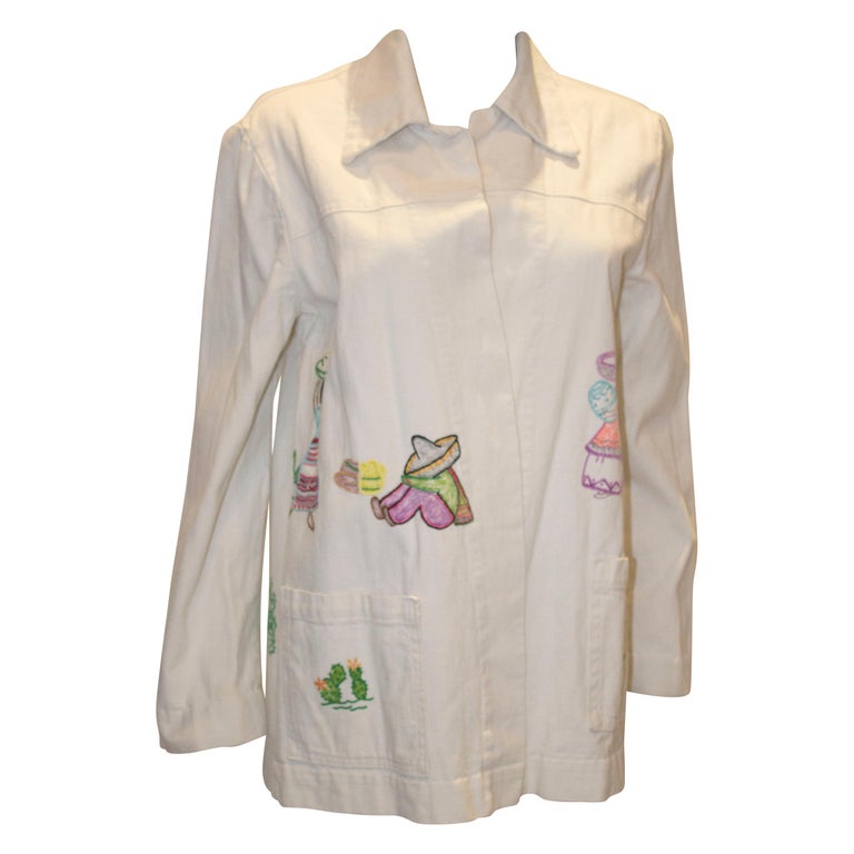 Vintage White Cotton Jacket with Embroidery Detail For Sale at 1stDibs