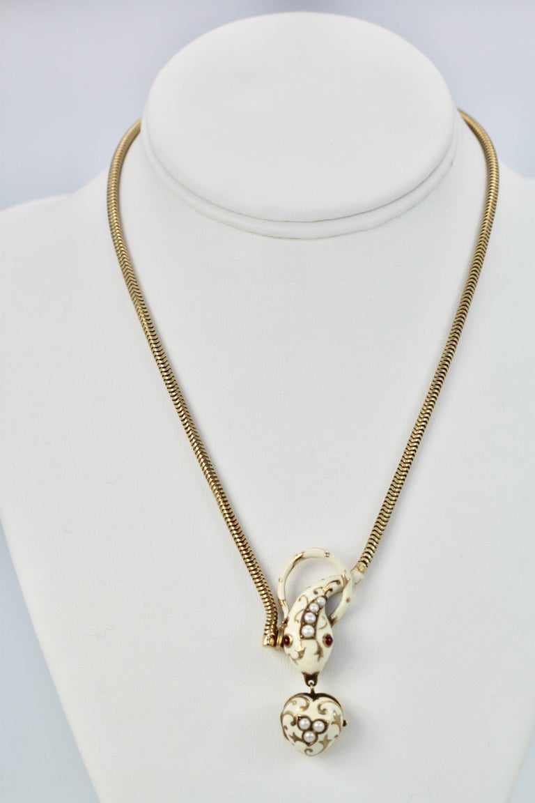 Vintage White Enamel 18 Karat Garnet Pearl Snake Necklace, circa 1960 ...