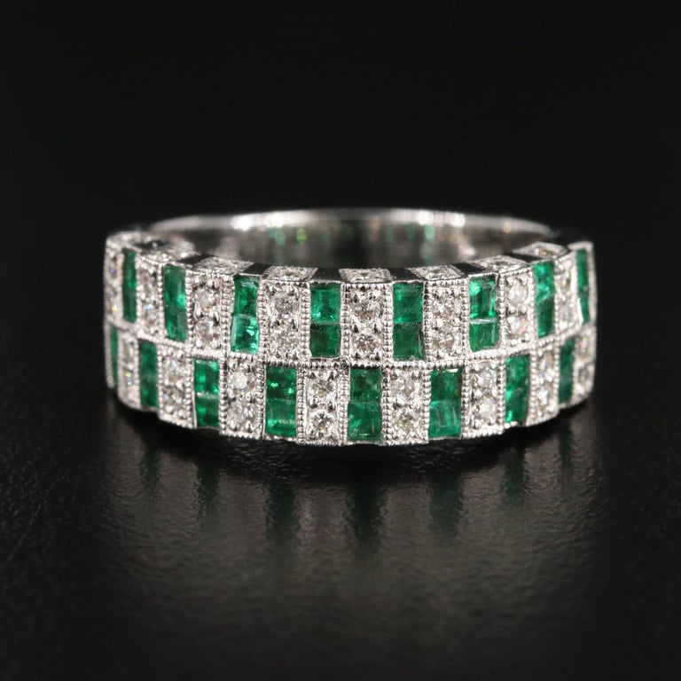 Customizable Vintage White Gold Natural Emerald and Diamond Wedding ...