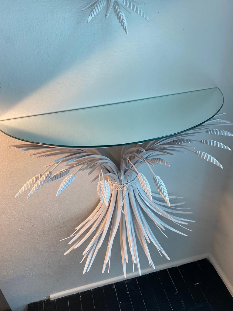 Vintage White Metal Tole Leaf Leaves Wall Mirror and Demi Lune Wall ...