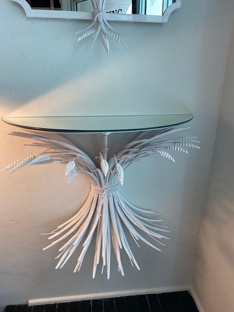 Vintage White Metal Tole Leaf Leaves Wall Mirror and Demi Lune Wall ...