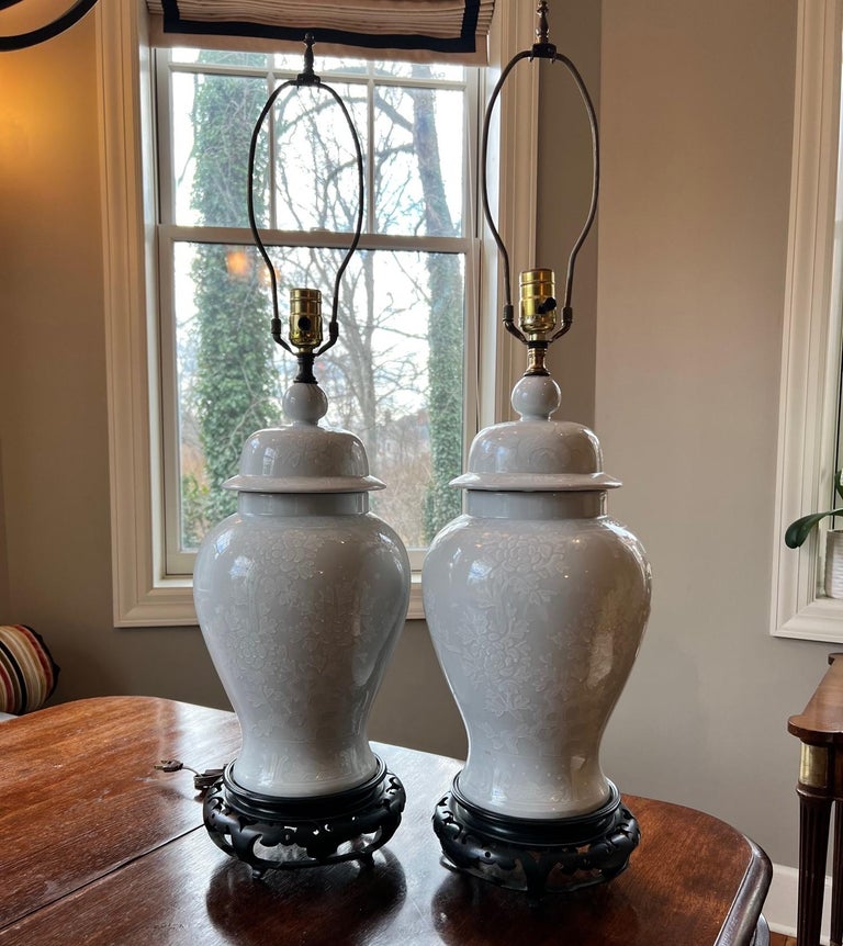 Vintage White Porcelain Ginger Jar Lamps with White Floral Decoration ...