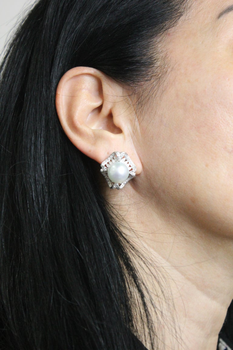 Art Deco White Round South Sea Pearl Pave Diamond Halo White Gold Hinge ...