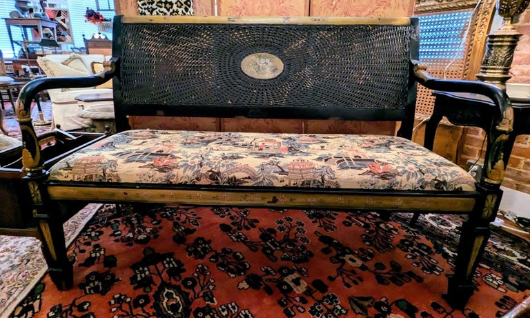Vintage Wicker Cane Back Bench Chinoiserie Reupholstered with Asian ...