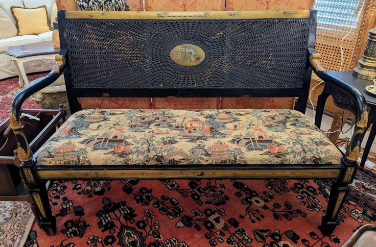 Vintage Wicker Cane Back Bench Chinoiserie Reupholstered with Asian ...