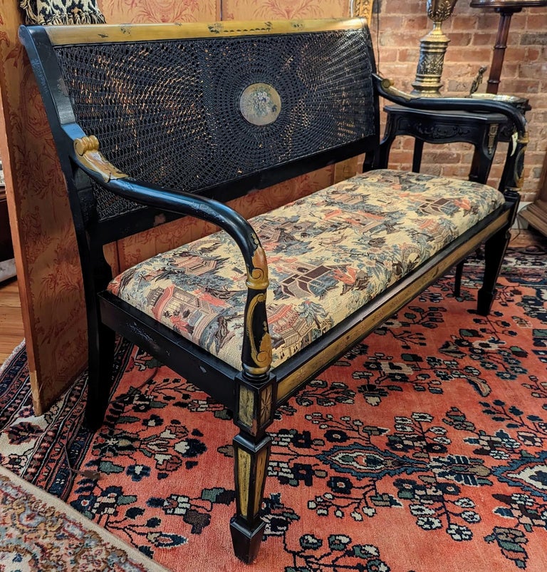 Vintage Wicker Cane Back Bench Chinoiserie Reupholstered with Asian ...