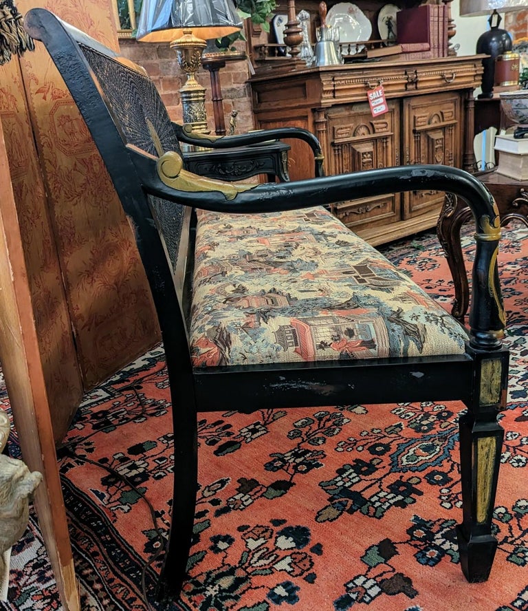 Vintage Wicker Cane Back Bench Chinoiserie Reupholstered with Asian ...