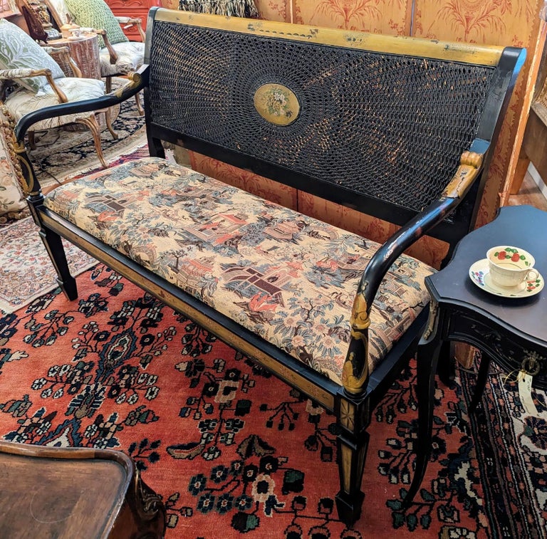 Vintage Wicker Cane Back Bench Chinoiserie Reupholstered with Asian ...