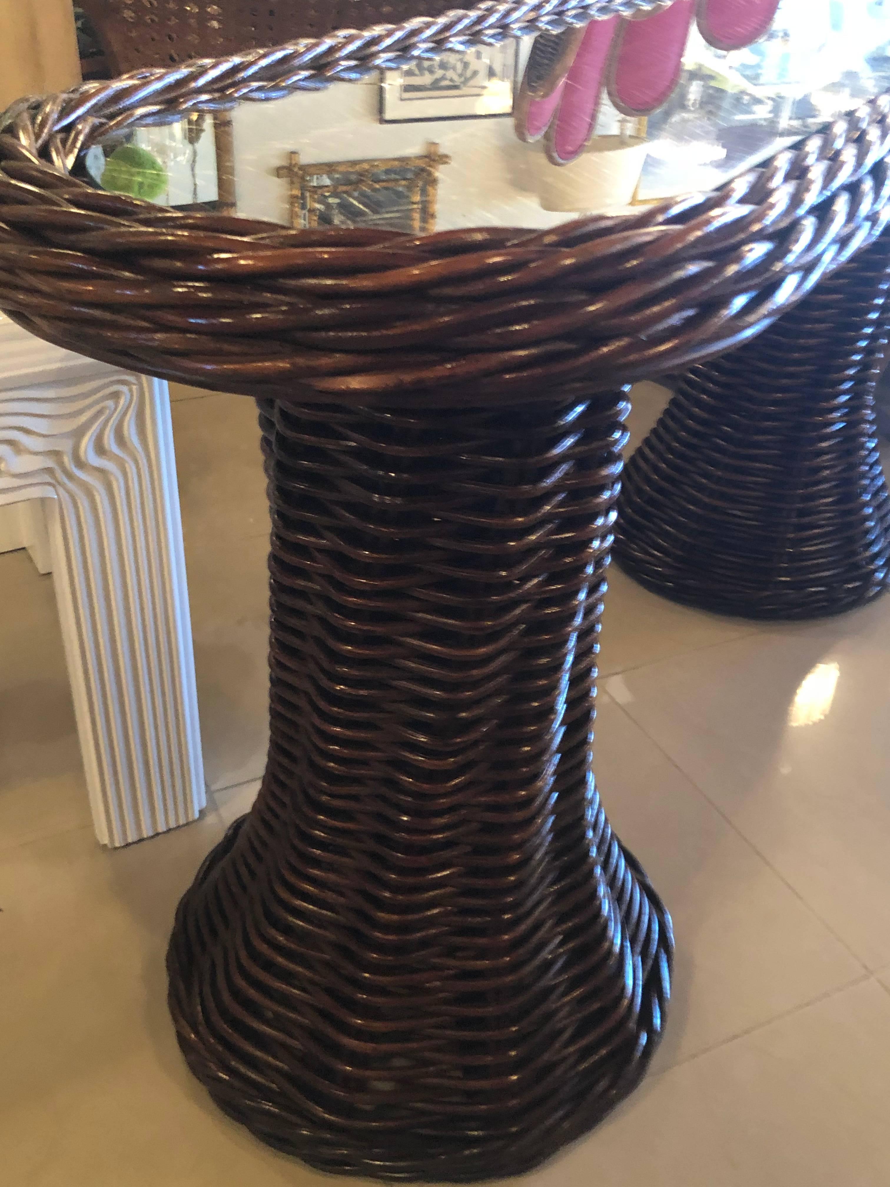 Vintage Wicker Double Pedestal Swirl Base Console Table Glass Top at ...