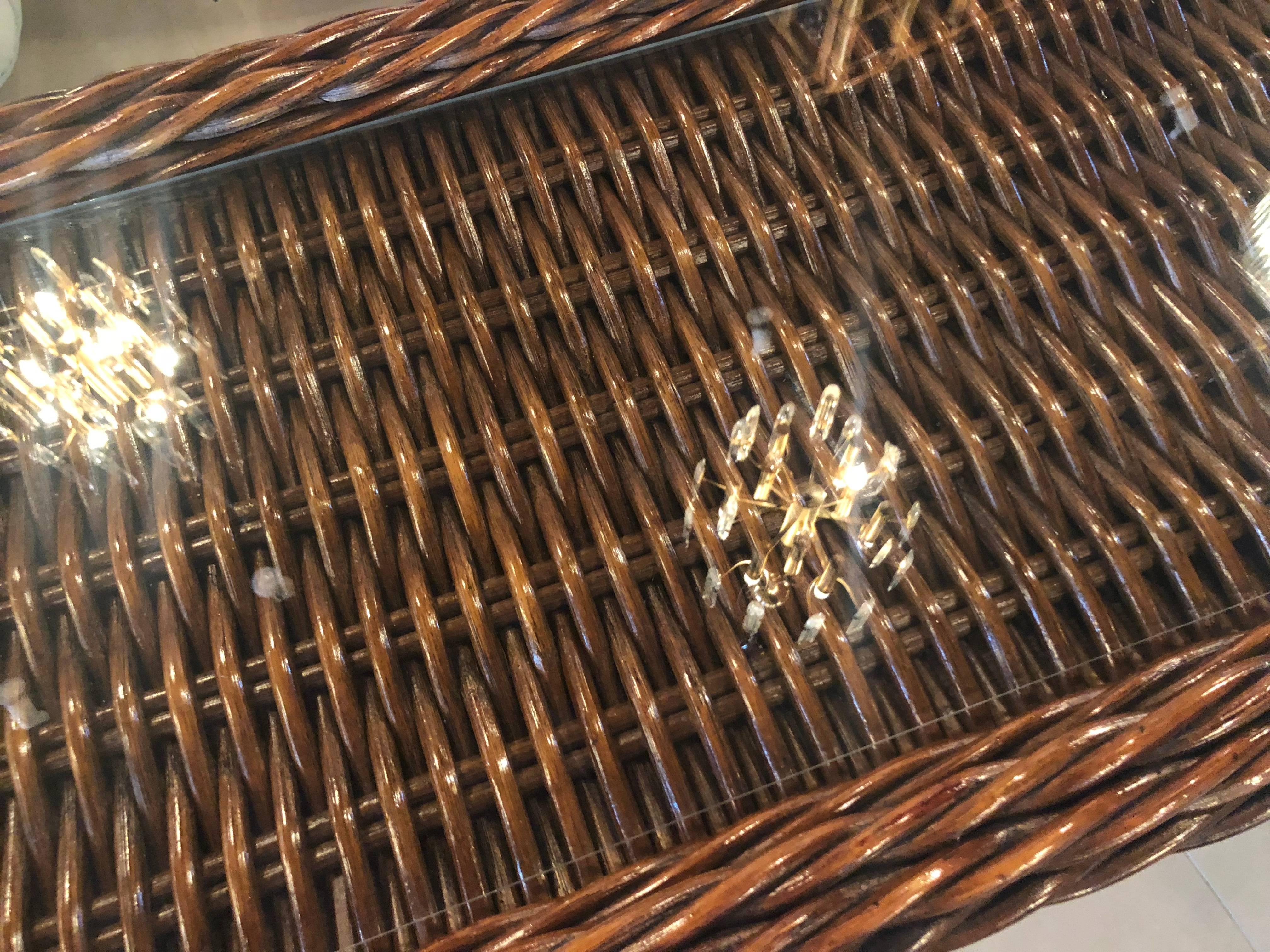 Vintage Wicker Double Pedestal Swirl Base Console Table Glass Top at ...