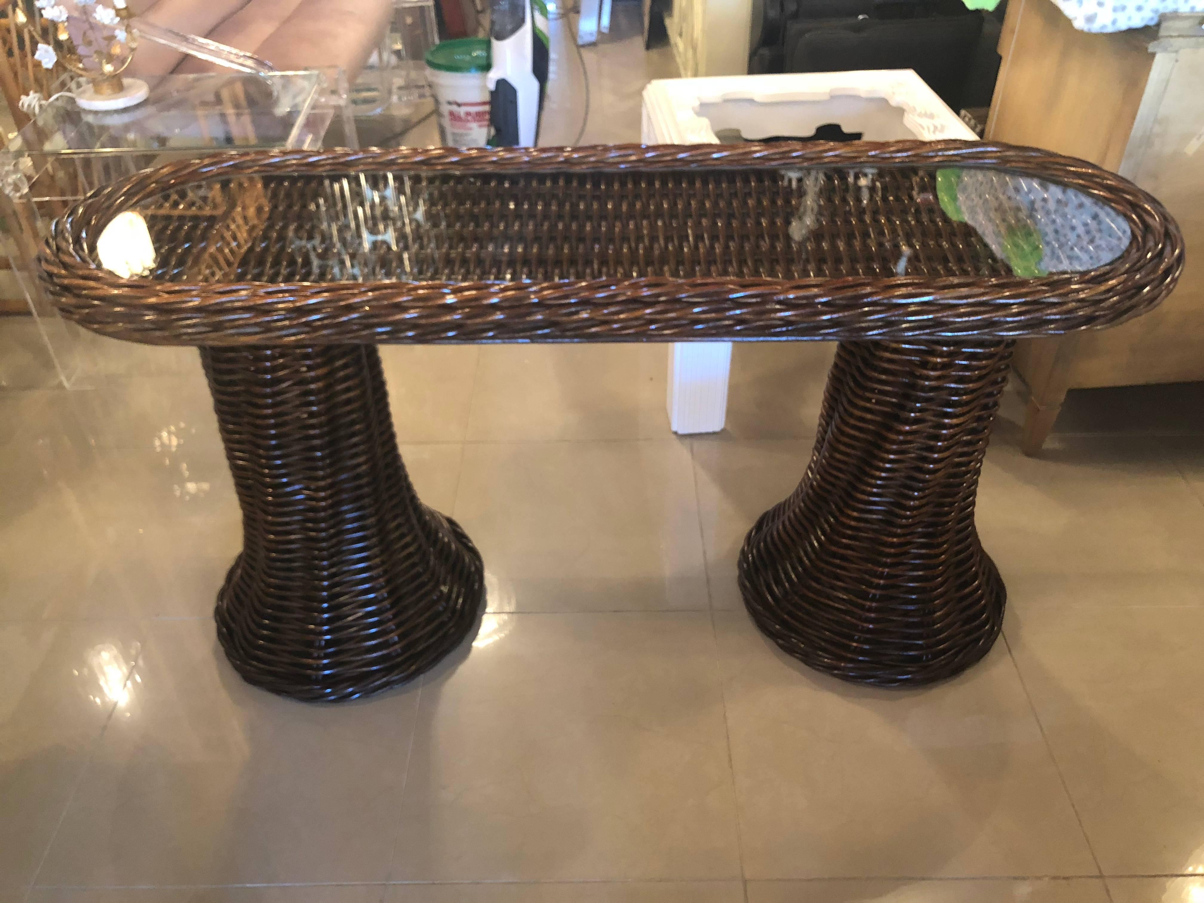 Vintage Wicker Double Pedestal Swirl Base Console Table Glass Top at ...