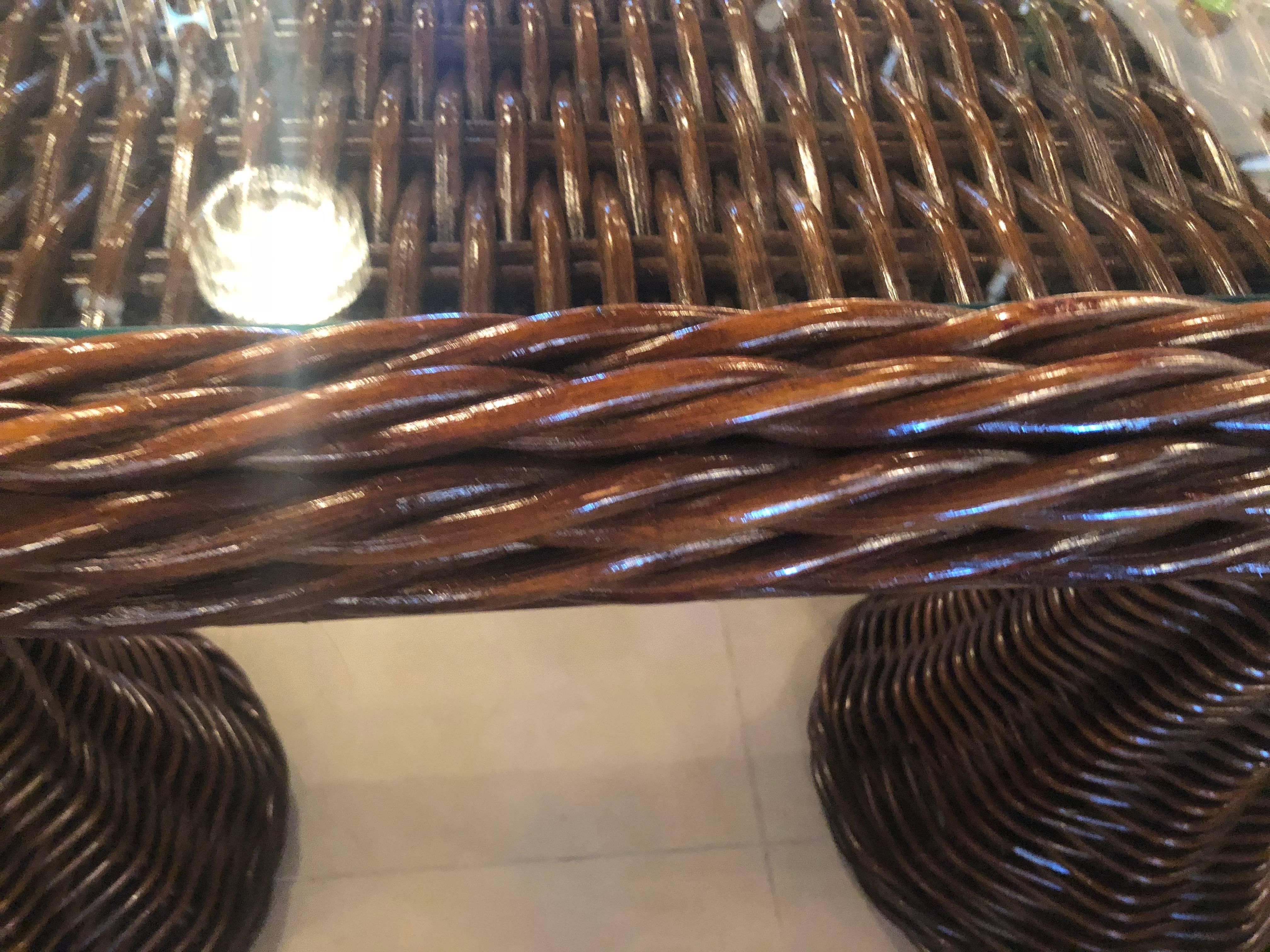 Vintage Wicker Double Pedestal Swirl Base Console Table Glass Top at ...