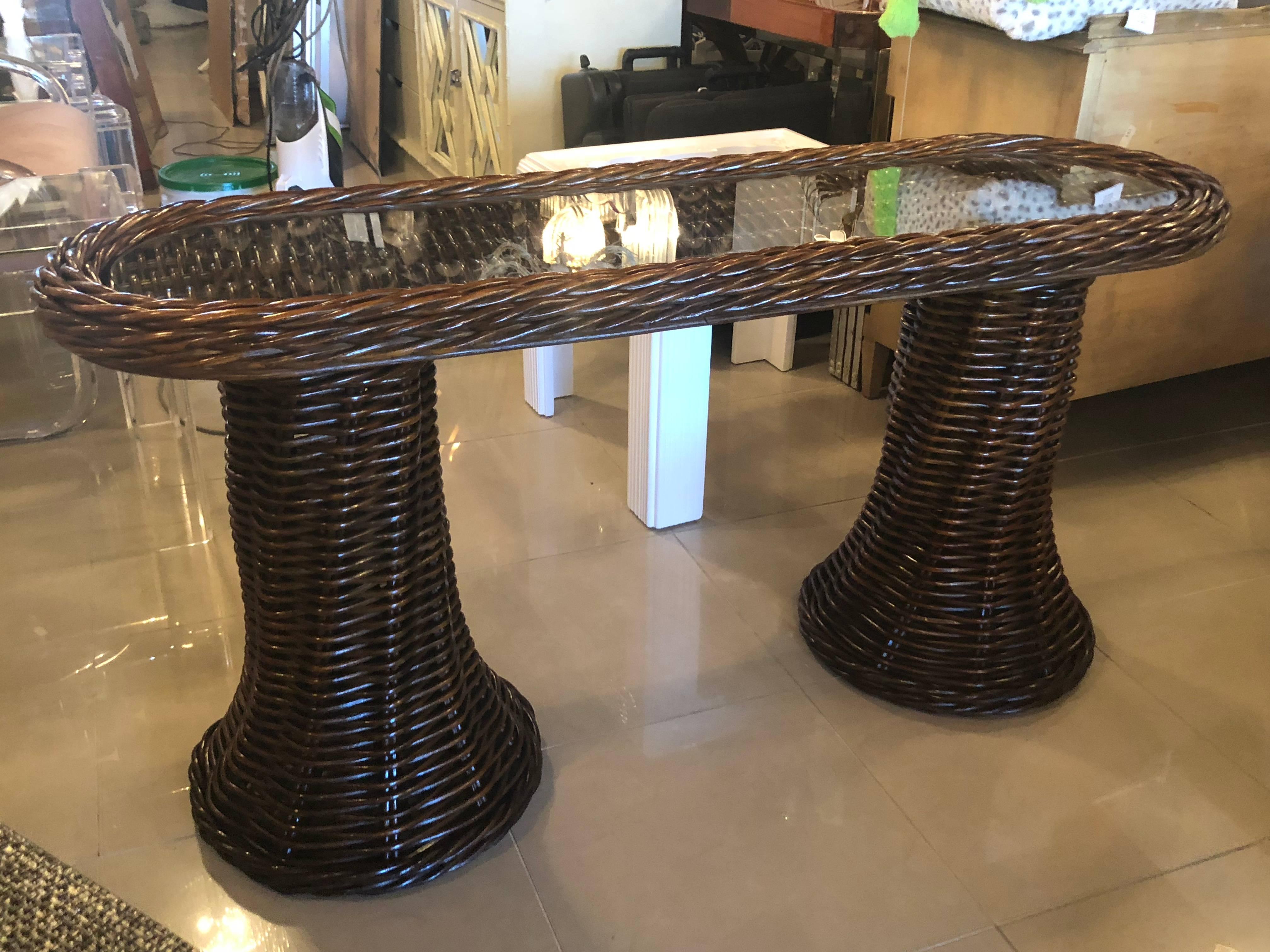 Vintage Wicker Double Pedestal Swirl Base Console Table Glass Top at ...