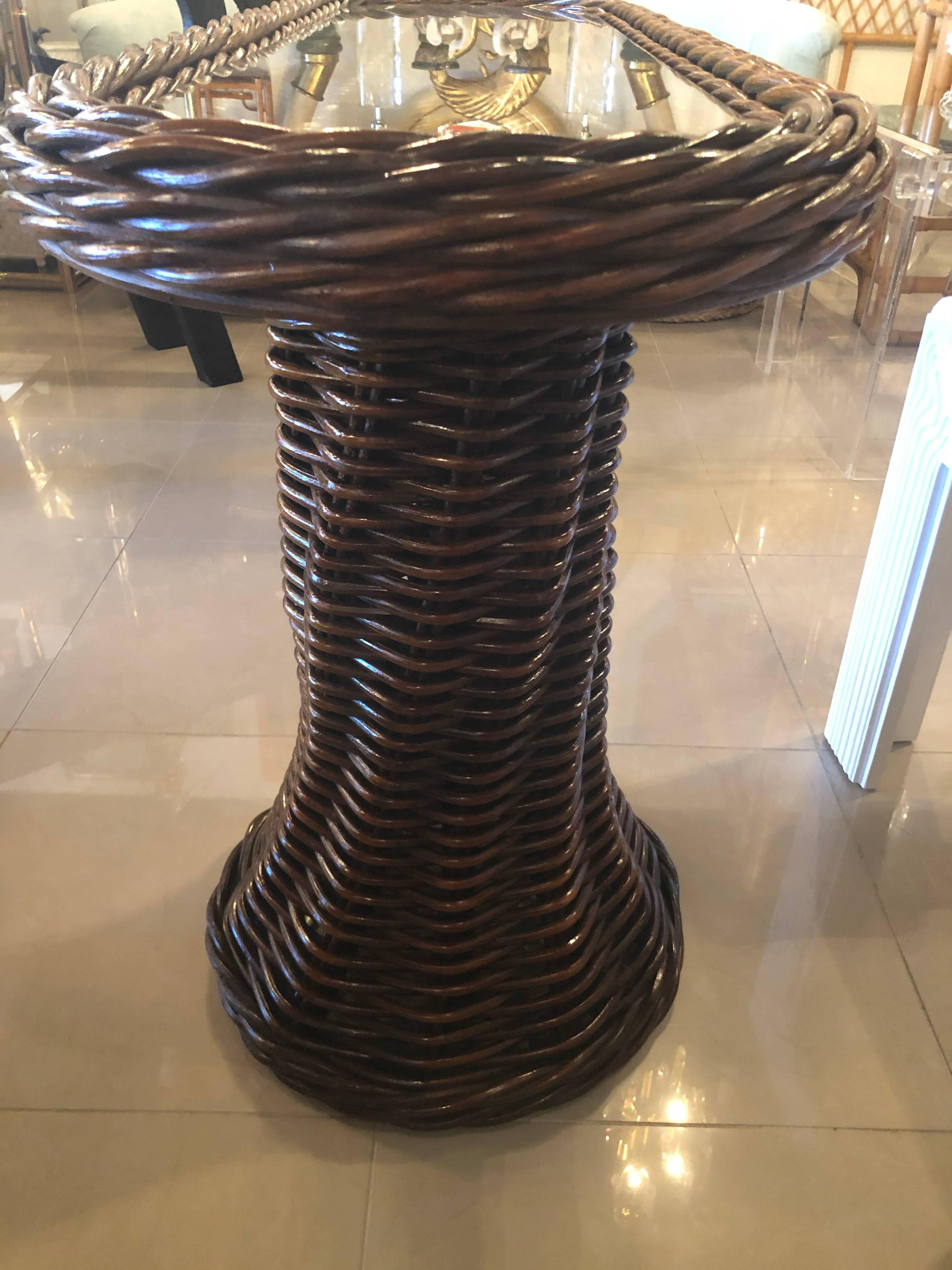 Vintage Wicker Double Pedestal Swirl Base Console Table Glass Top at ...
