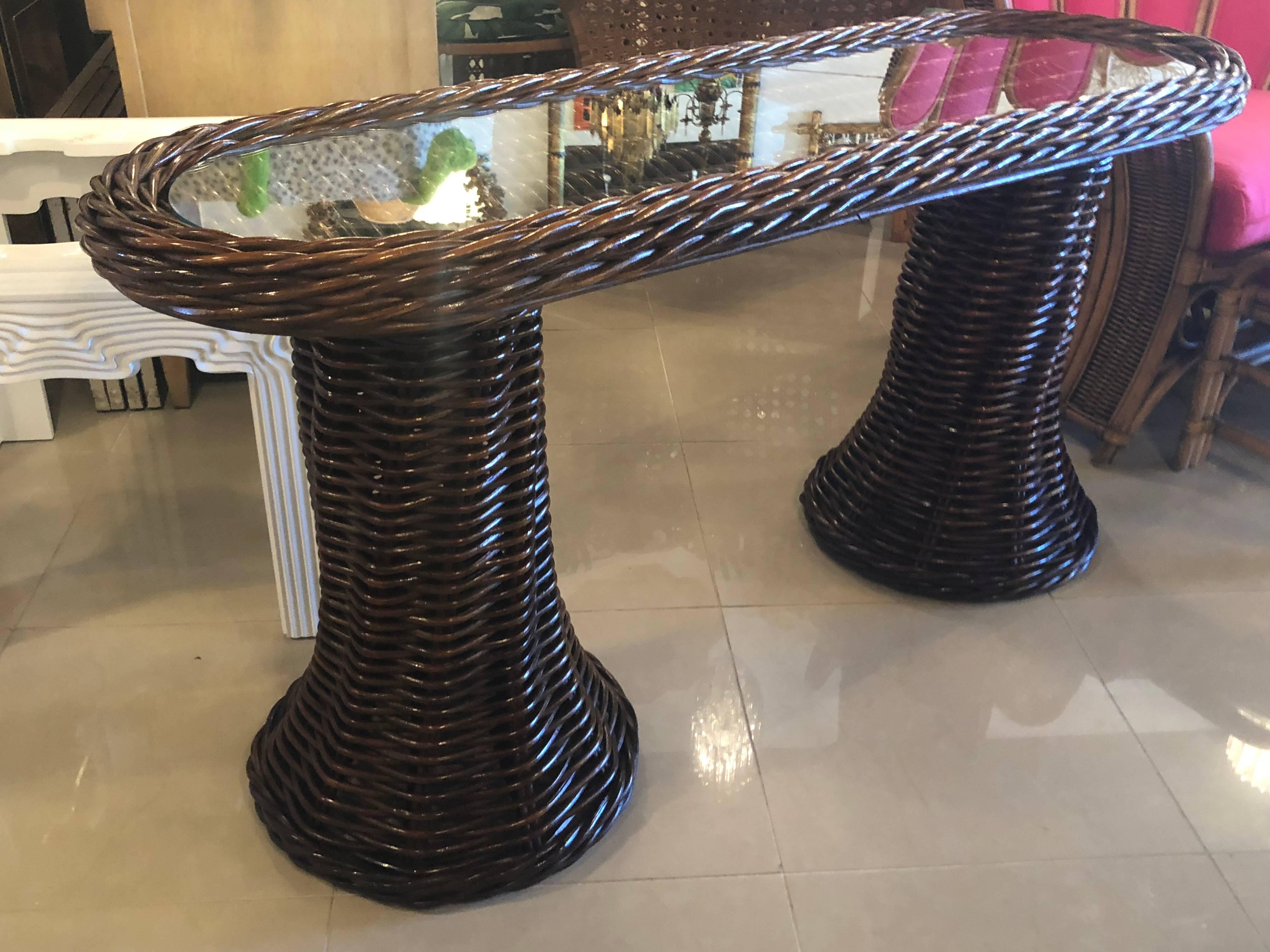 Vintage Wicker Double Pedestal Swirl Base Console Table Glass Top at ...
