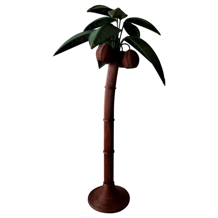 Vintage Wicker Rattan Palm Tree Floor Lamp For Sale at 1stDibs