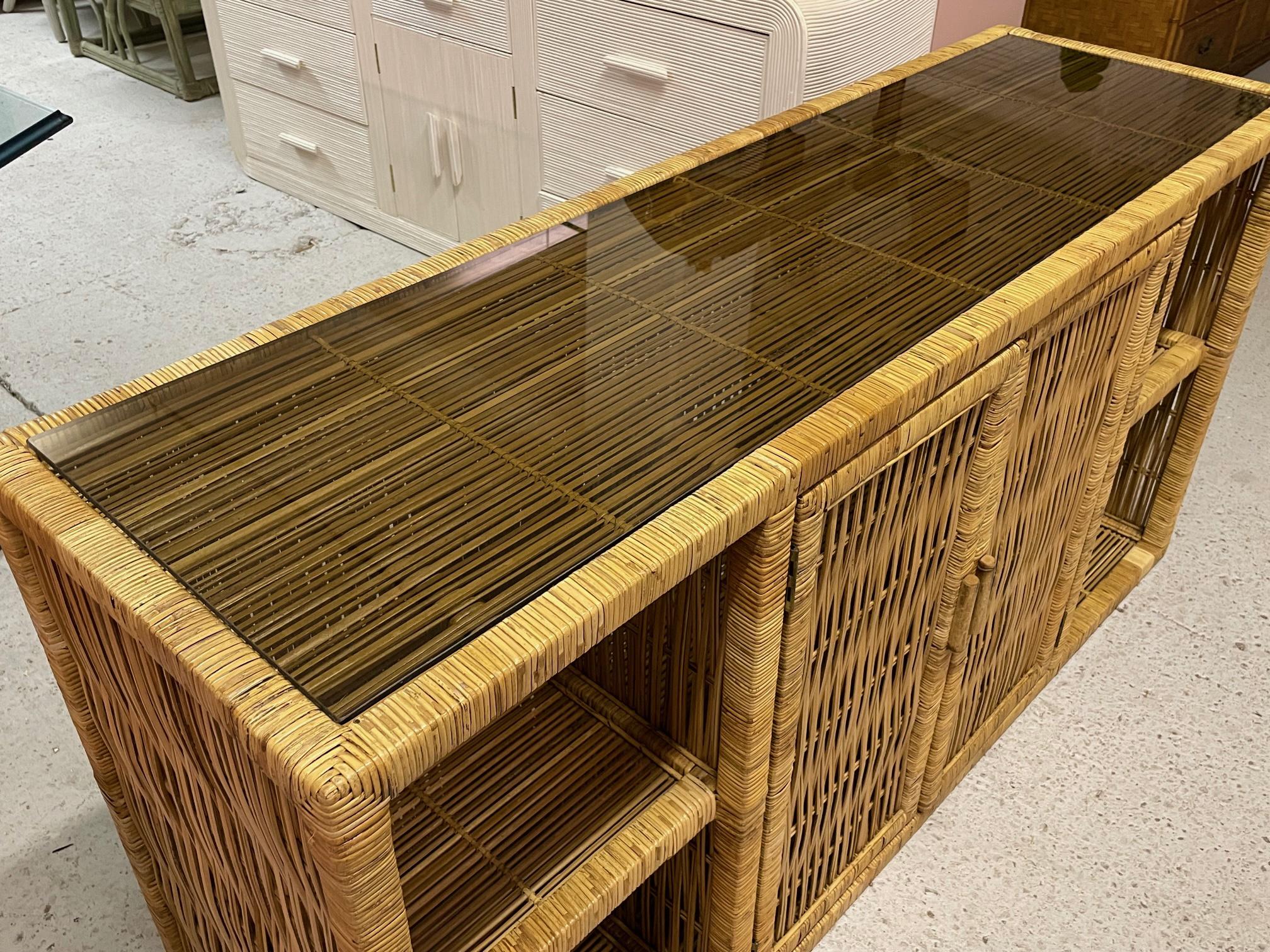 Vintage Wicker Rattan Sideboard Credenza For Sale at 1stDibs