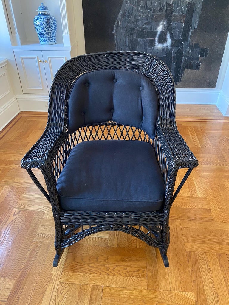 Vintage Wicker Rocking Chair in Black Finish, 20th Century at 1stDibs ...