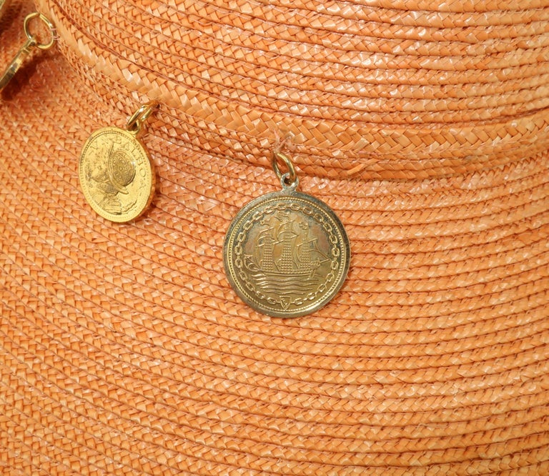 Vintage Wide Brim Straw Hat With Gold Coins For Sale at 1stDibs