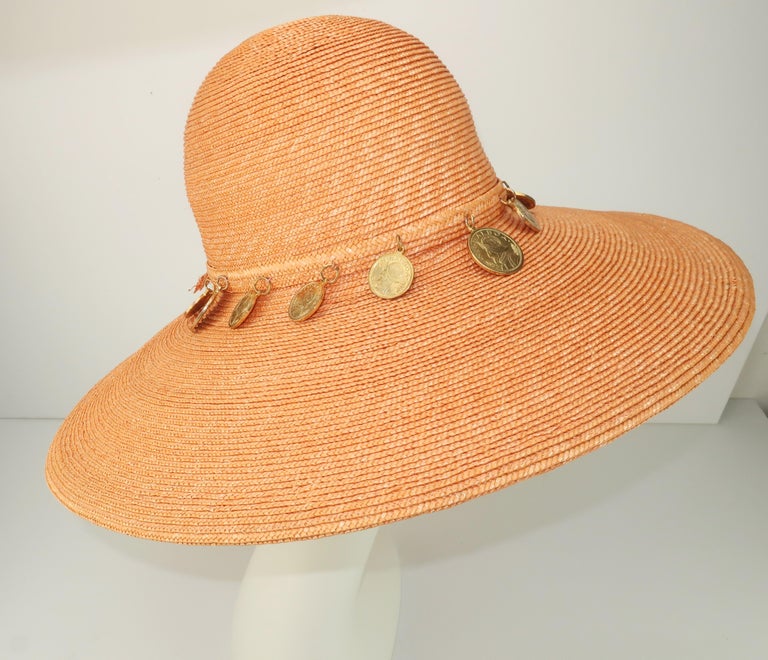Vintage Wide Brim Straw Hat With Gold Coins For Sale at 1stDibs