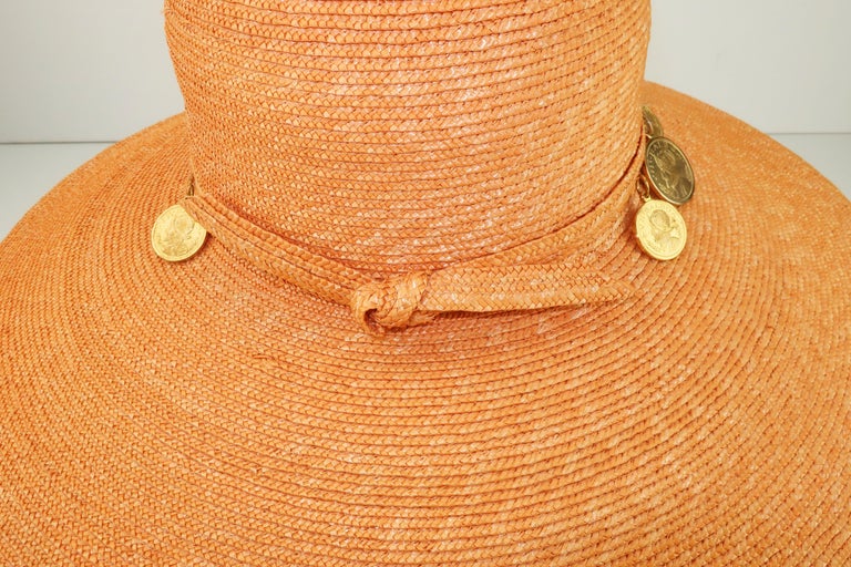 Vintage Wide Brim Straw Hat With Gold Coins For Sale at 1stDibs