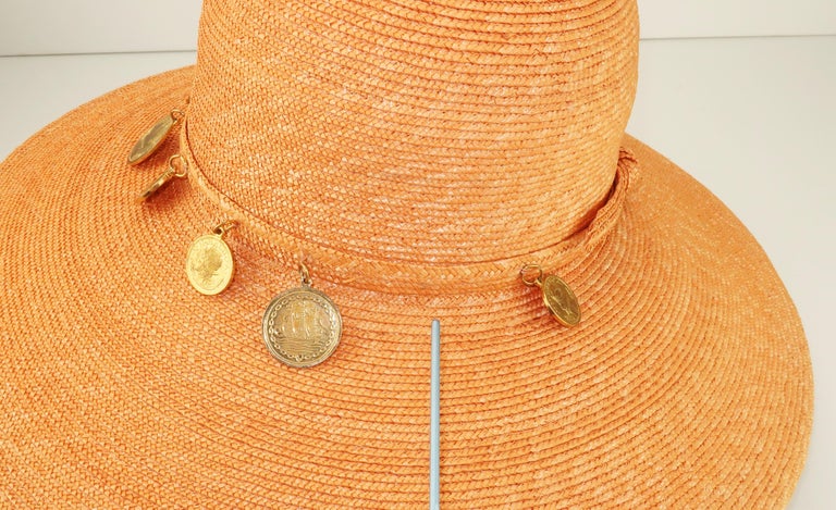 Vintage Wide Brim Straw Hat With Gold Coins For Sale at 1stDibs