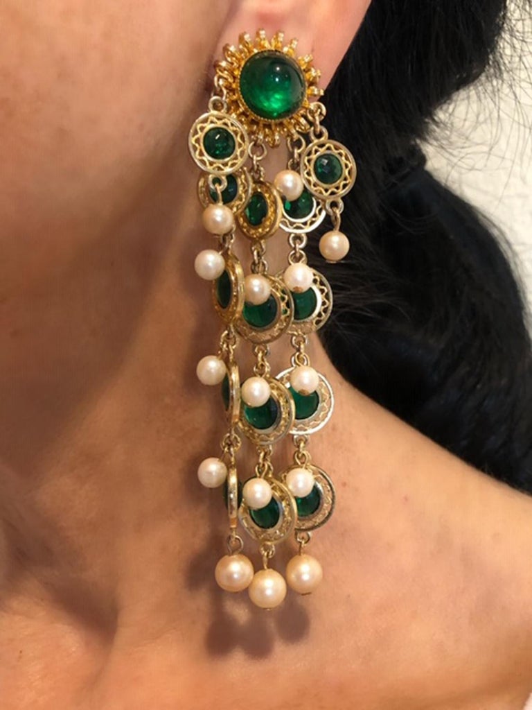 Vintage Faux Emerald and Pearl Fringe Statement Earrings at 1stDibs ...