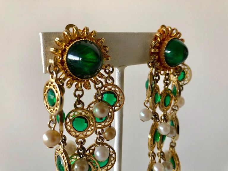 Vintage Faux Emerald and Pearl Fringe Statement Earrings at 1stDibs ...