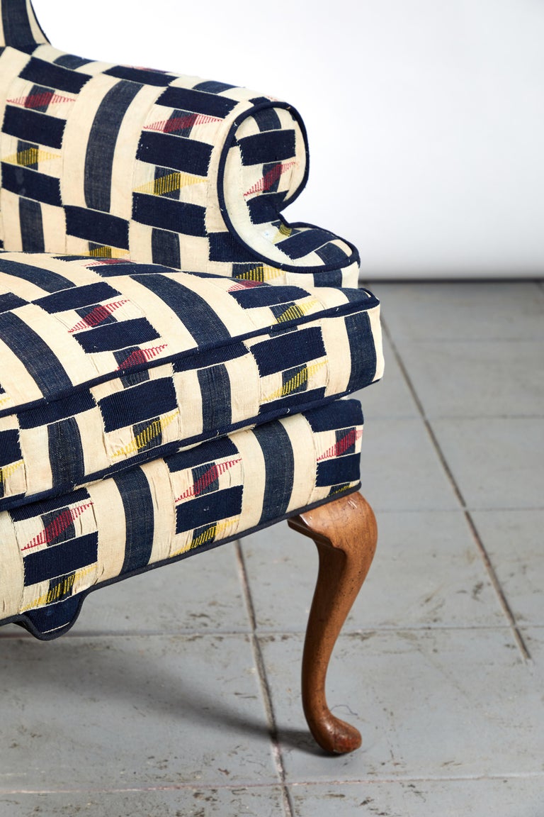 Vintage Wingback Chair in Multicolored Ewe Fabric from Ghana at 1stDibs