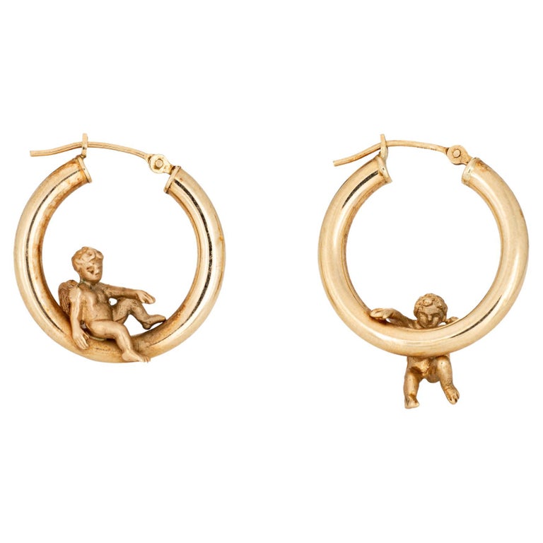 Vintage Winged Angel Hoop Earrings 14k Yellow Gold Fine Cupid Jewelry ...