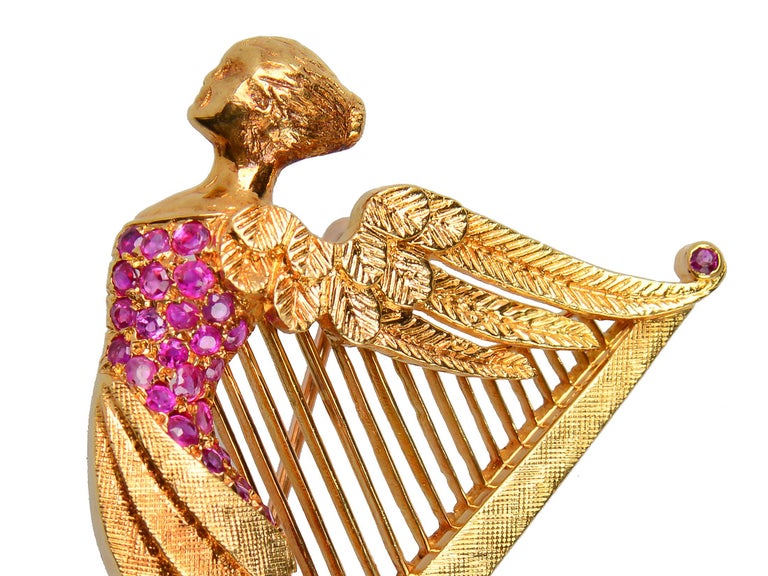 Vintage Winged Nike Ruby Harp Brooch or Pendant For Sale at 1stDibs