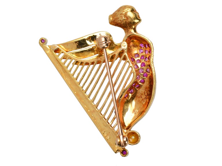 Vintage Winged Nike Ruby Harp Brooch or Pendant For Sale at 1stDibs