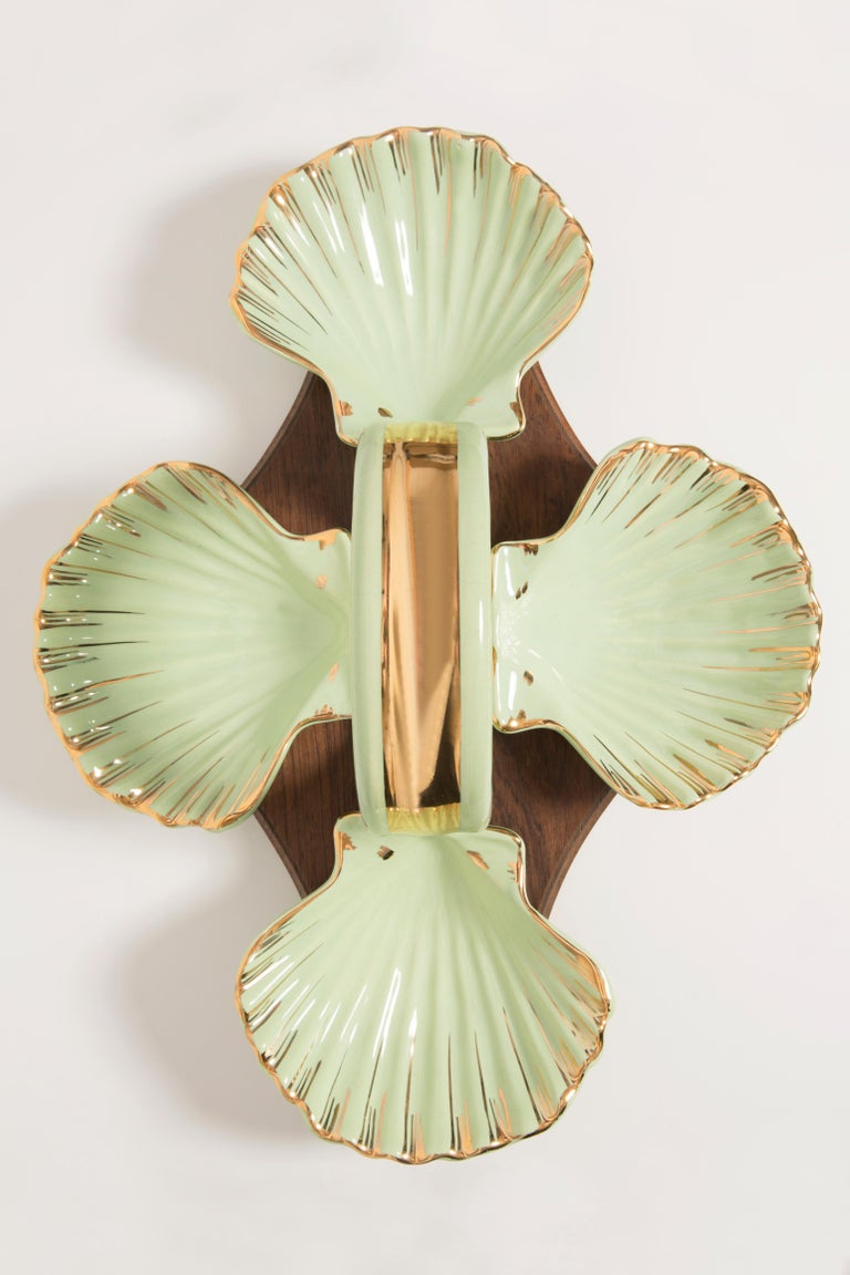 Vintage Wood and Ceramic Green Shells Decorative Plate, France, 1960s ...