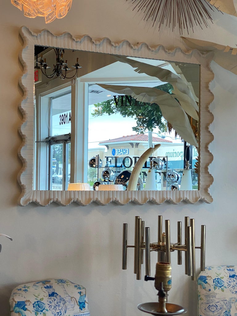 Vintage Wood and Gesso White Scalloped Ruffle Wall Mirror Horizontal or ...