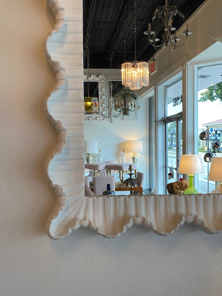 Vintage Wood and Gesso White Scalloped Ruffle Wall Mirror Horizontal or ...